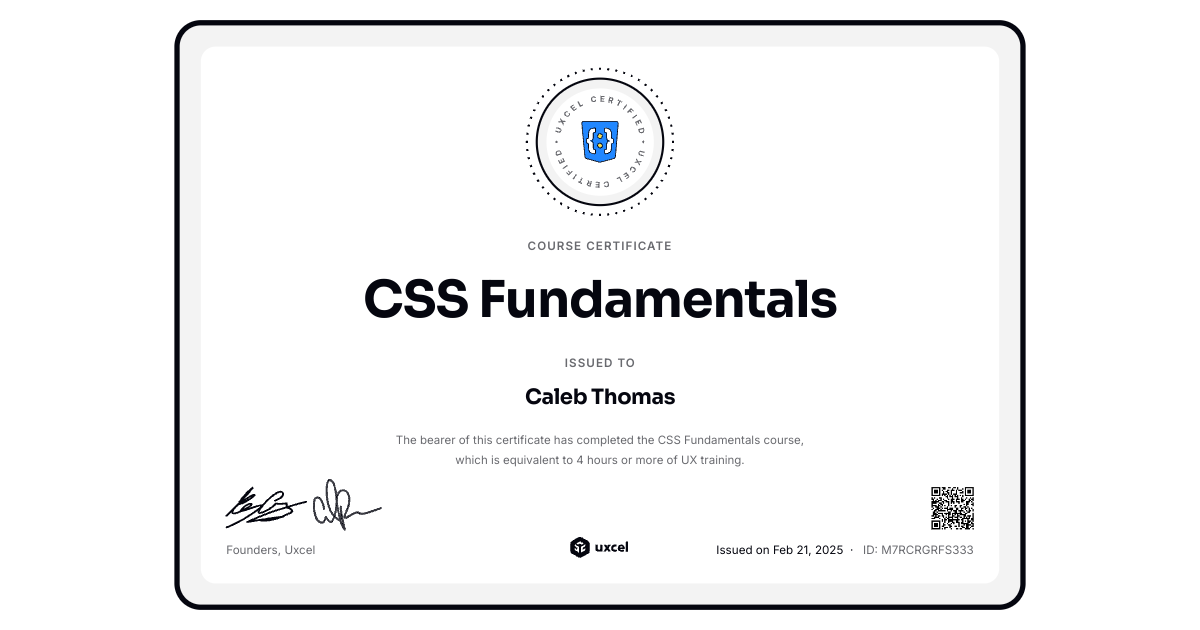 Certificate of completion for CSS Foundations | Uxcel